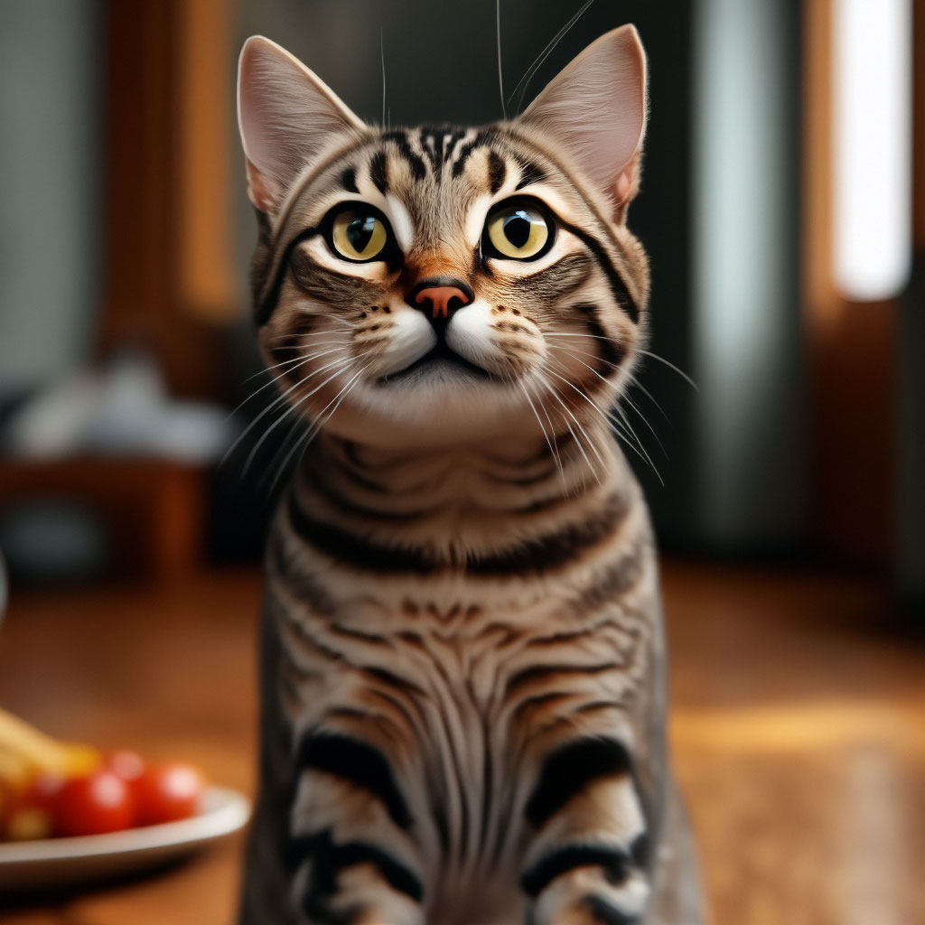 "The Asian Tabi cat begs for a sausage. hyperrealism. the most detailed ...
