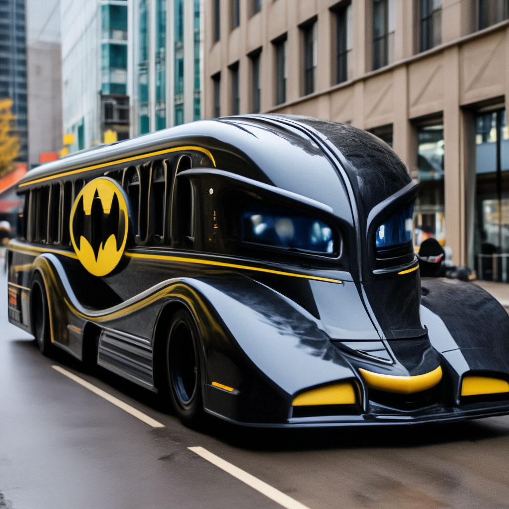 "Bus + Batmobile from the 1989 movie, the Batman logo is painted on the ...