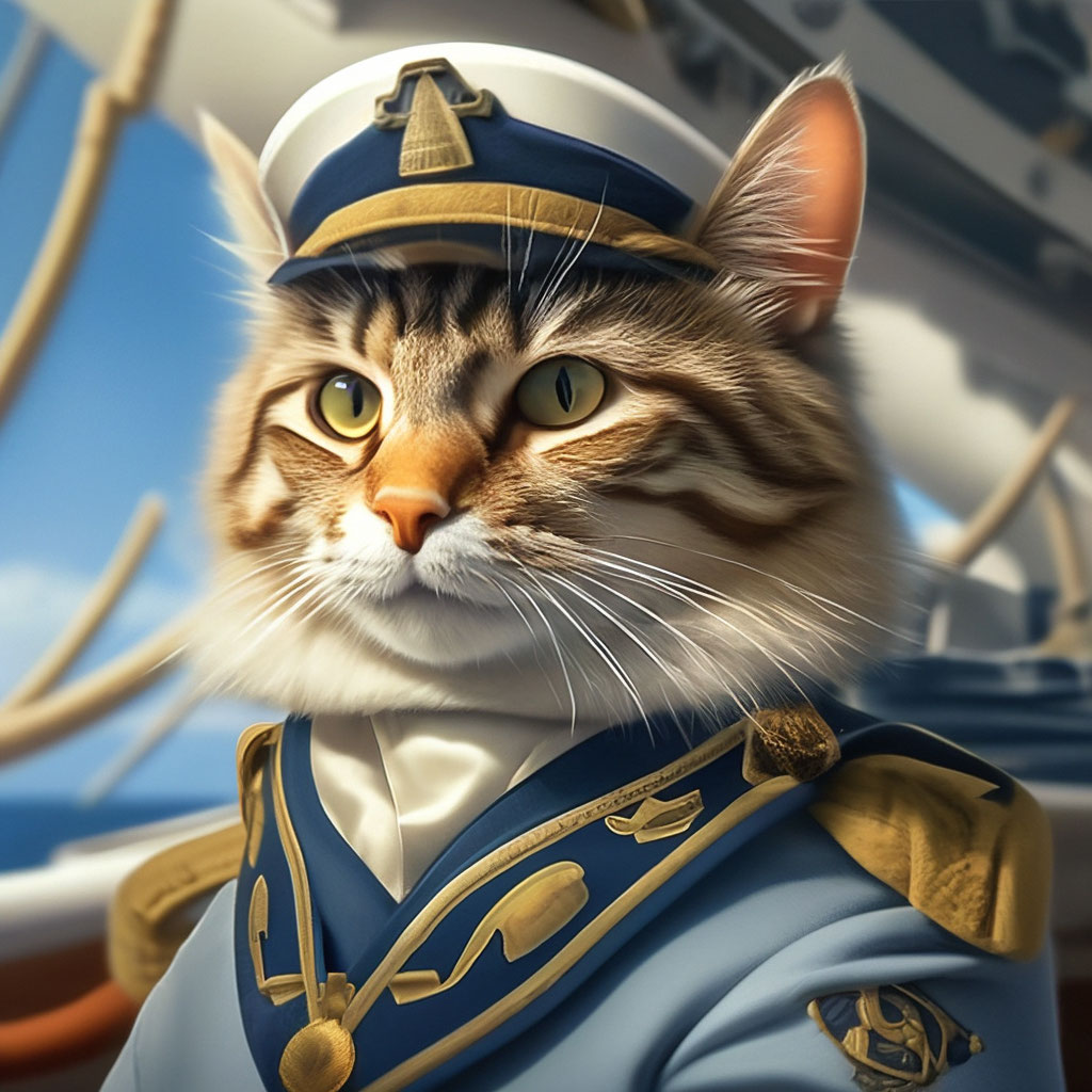 "Admiral the cat on a warship, close-up, beautiful, hyperrealism ...