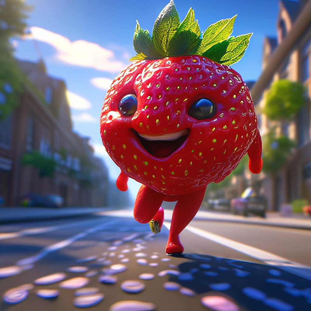 "Metamorphosis anthropomorphic strawberry, full face, walking down the ...
