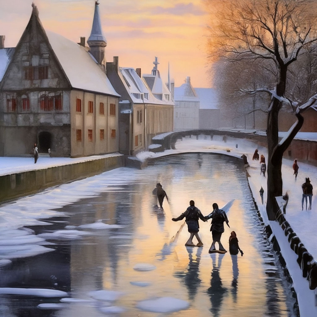 "Ice skating, winter, river, ice, medieval Europe, Flemish painting ...