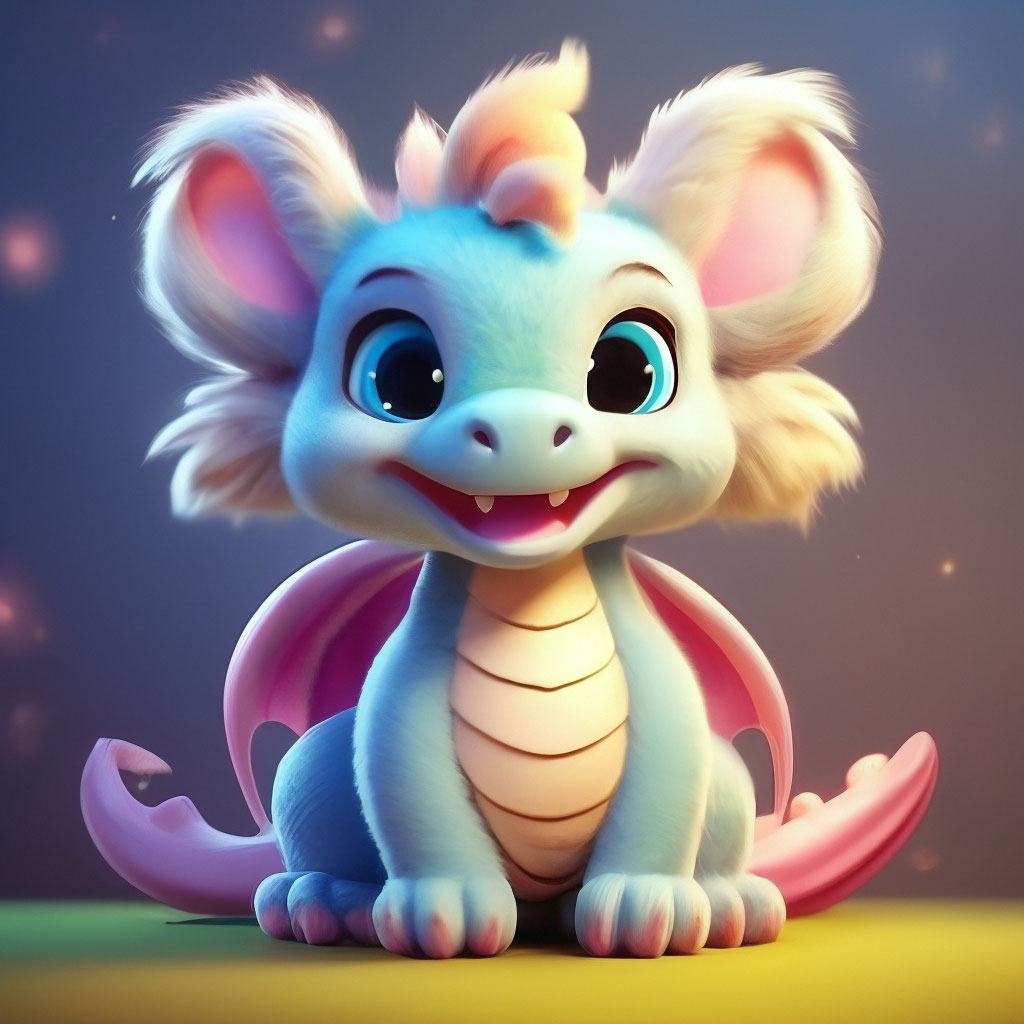 "Cute cartoon fluffy dragon, smiling, big eyes, long fluffy eyelashes ...