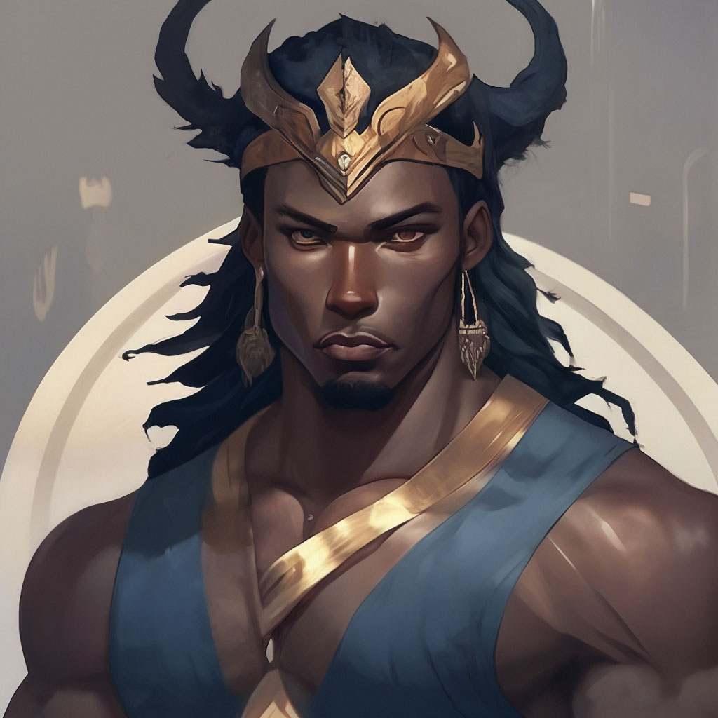 "The man has black skin, slanted eyes,a mane on his head,muscular ...
