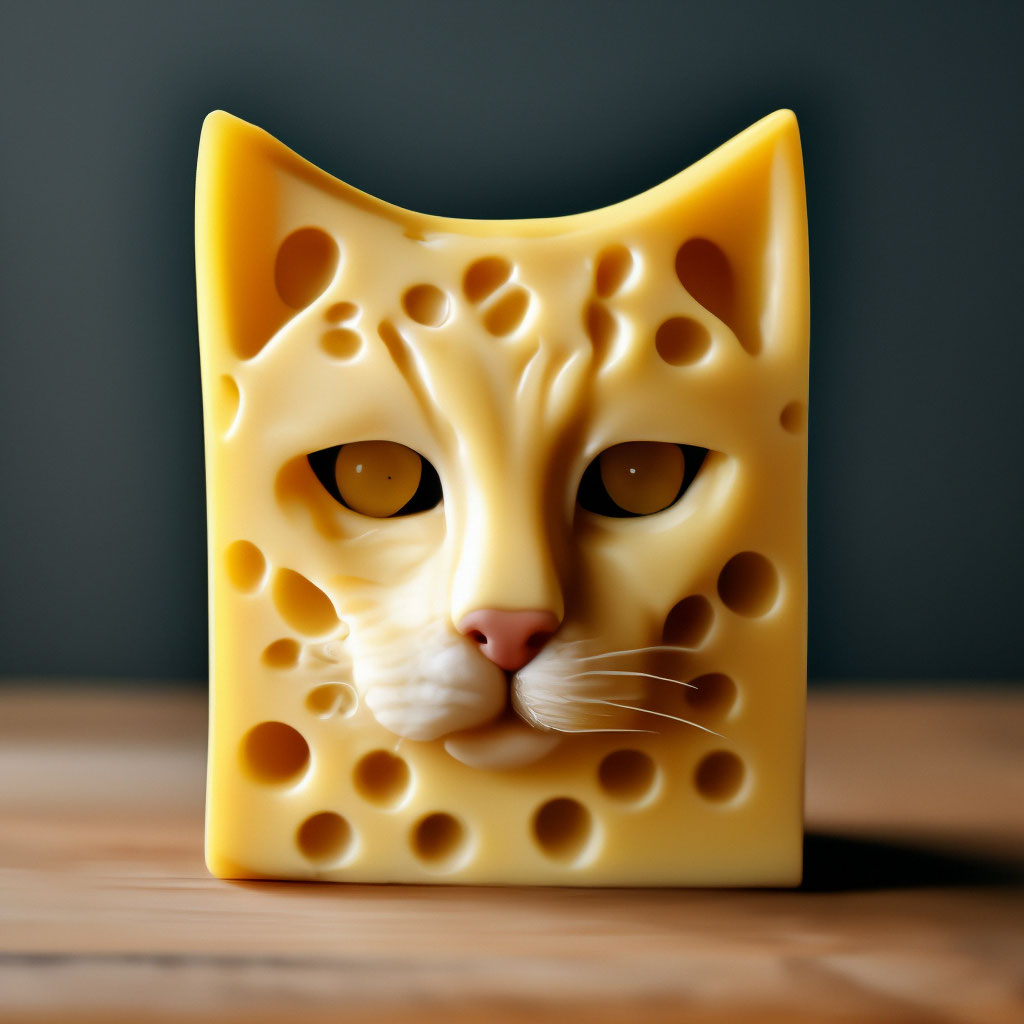 "Cheese with a cat's face" — image created in Shedevrum