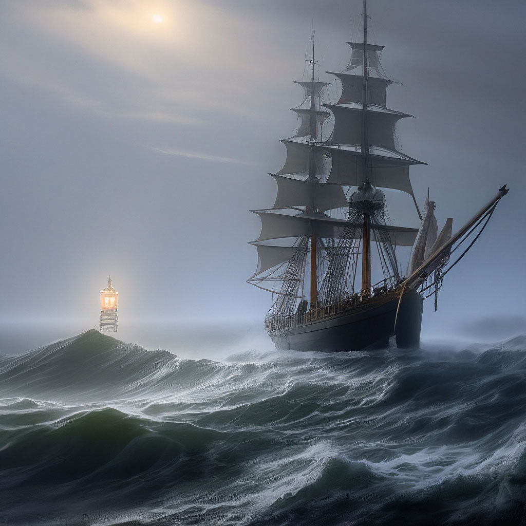 "Fog, choppy sea, schooner, lighthouse in the distance ...
