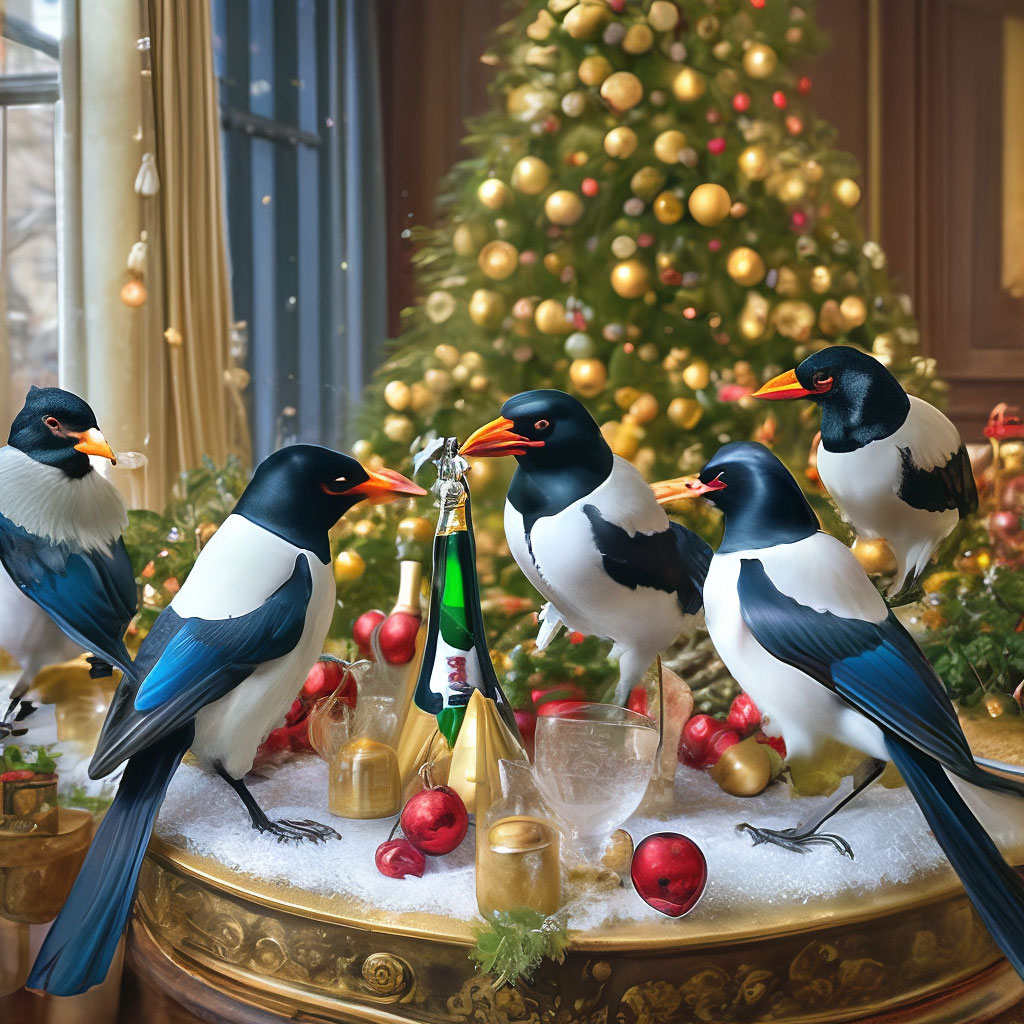 "Magpies decorate the Christmas tree and drink champagne" — image ...