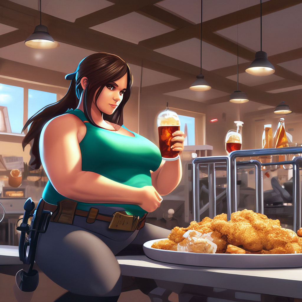 "Very fat Lara Croft eats chicken and drinks beer in the gym" — image ...