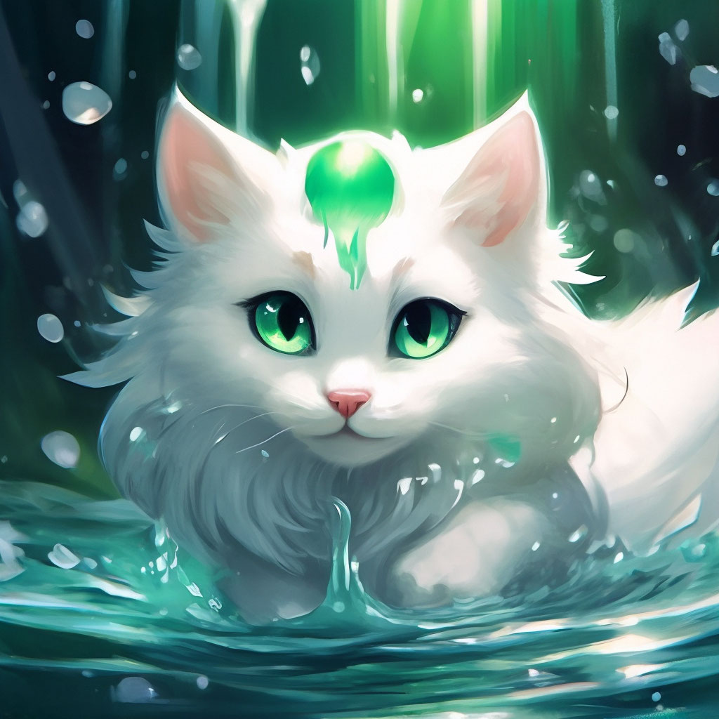 "Snowball is a fluffy white cat with emerald eyes. The cat is playing ...