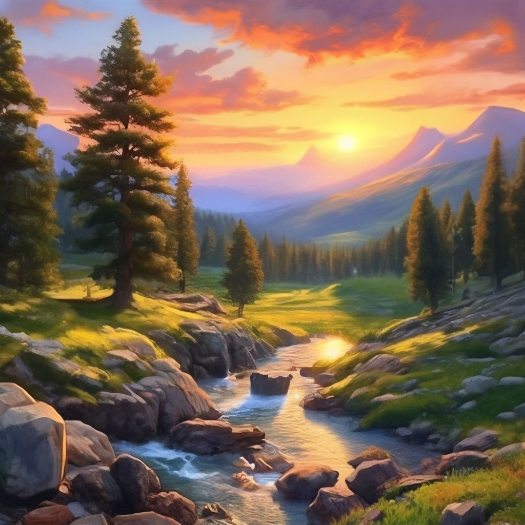 "Sunset landscape, picturesque landscape, pine trees, mountains ...