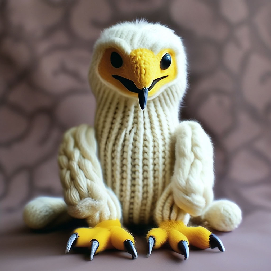"Knitted, funny, fluffy, sitting, huge head, smiling sweetly, raptor ...