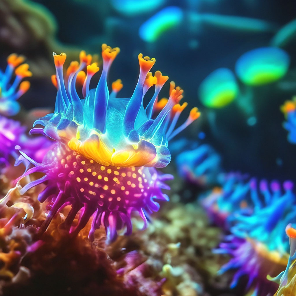 "Oceanic abyss, mysterious creatures glowing in different colors ...