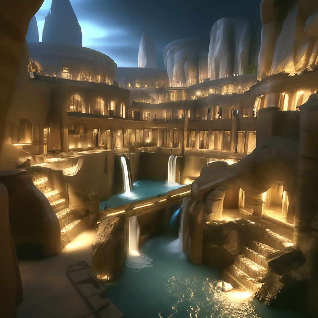 "Hyper realistic ancient under ground city with a waterfall and small ...
