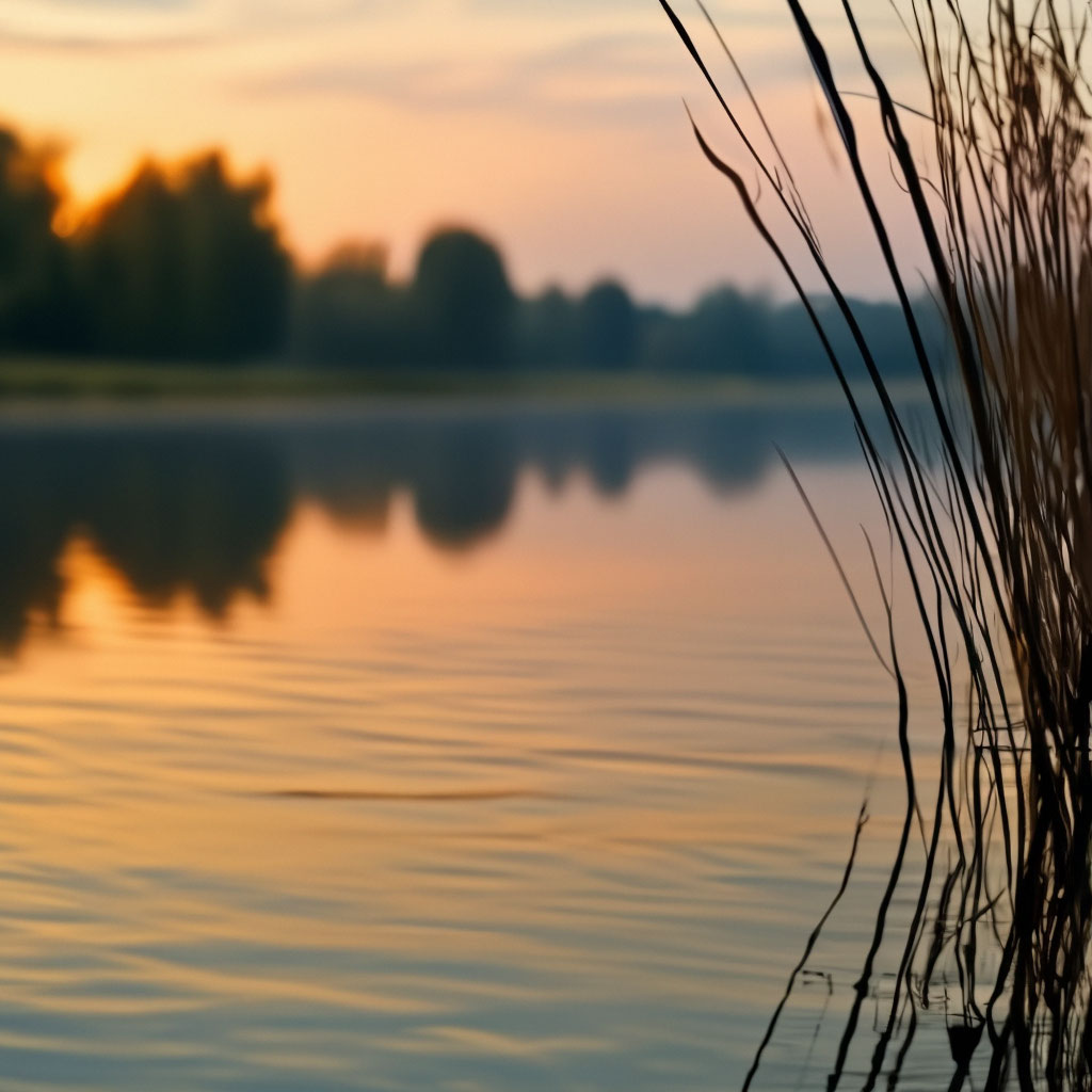 "Quiet water surface, morning begins, reed, fishing rod and float on ...