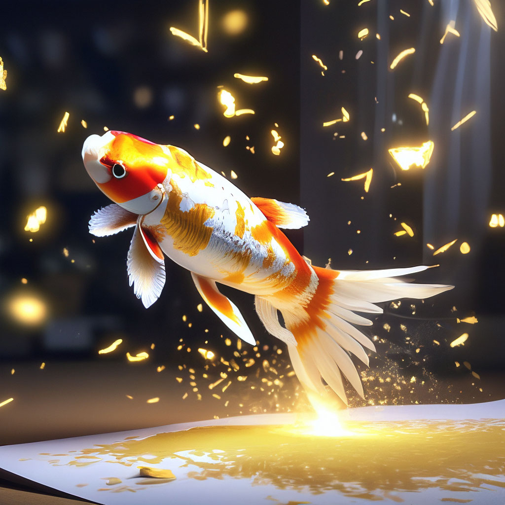 "The drawing comes to life... magic koi carp flying over a huge piece ...