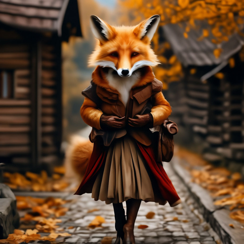 "A fox carries a rooster under his arm, a fox in boots, a vest, a long ...