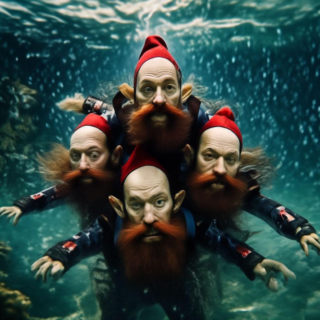 "Dwarfs swim on top of each other underwater" — image created in Shedevrum