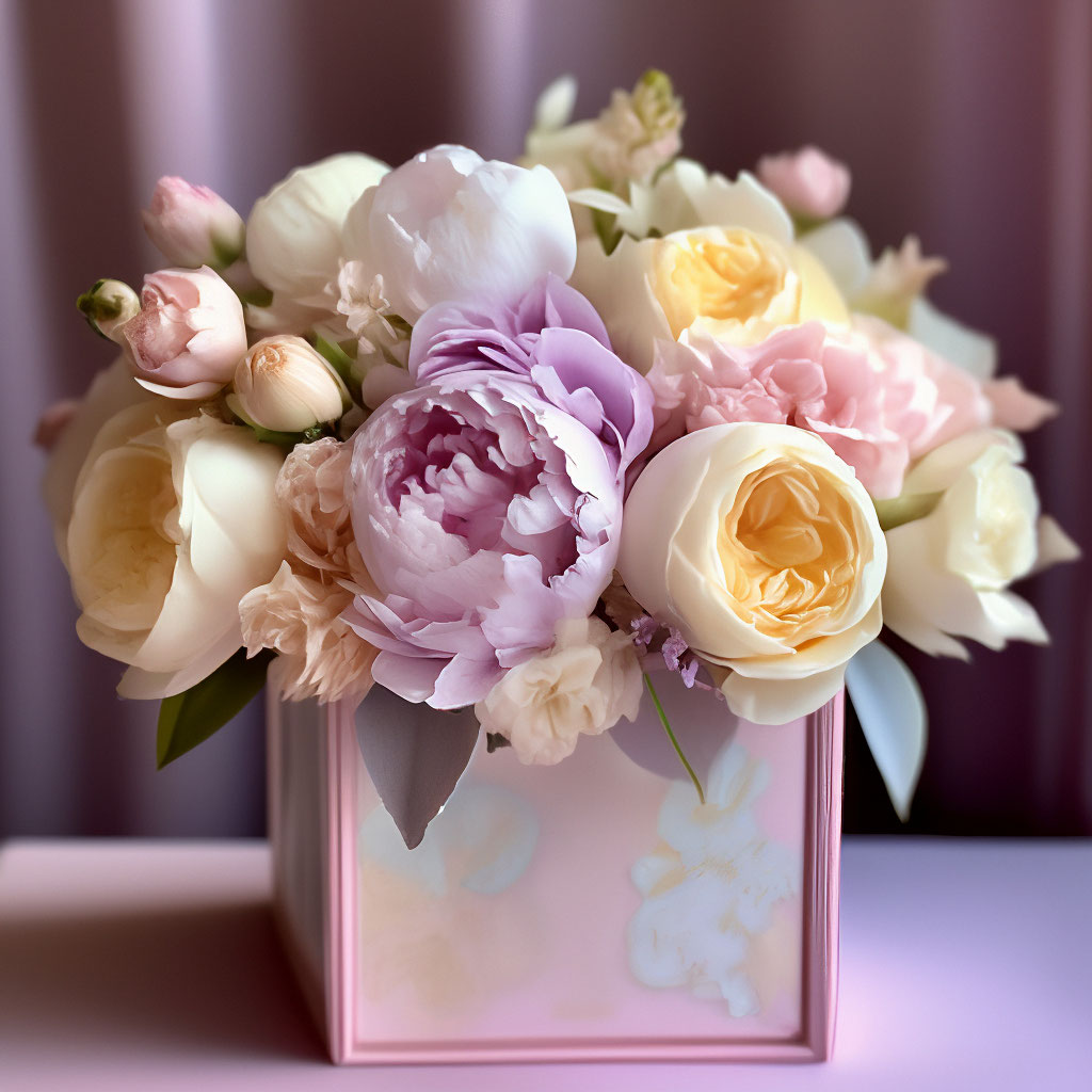 "Flowers in a beautiful box, delicate, pastel colors, hyperrealism ...