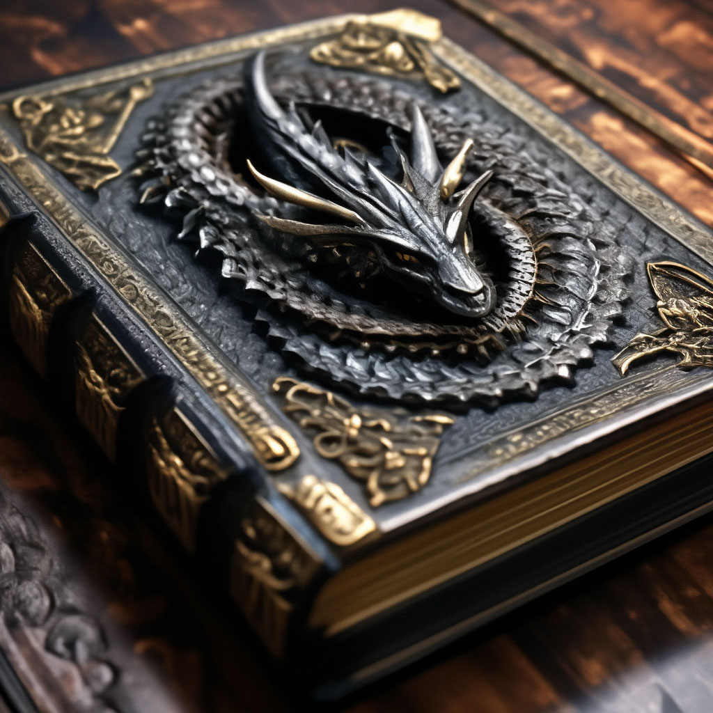 "Massive book, dragons on the cover, small details, scales, maximum ...