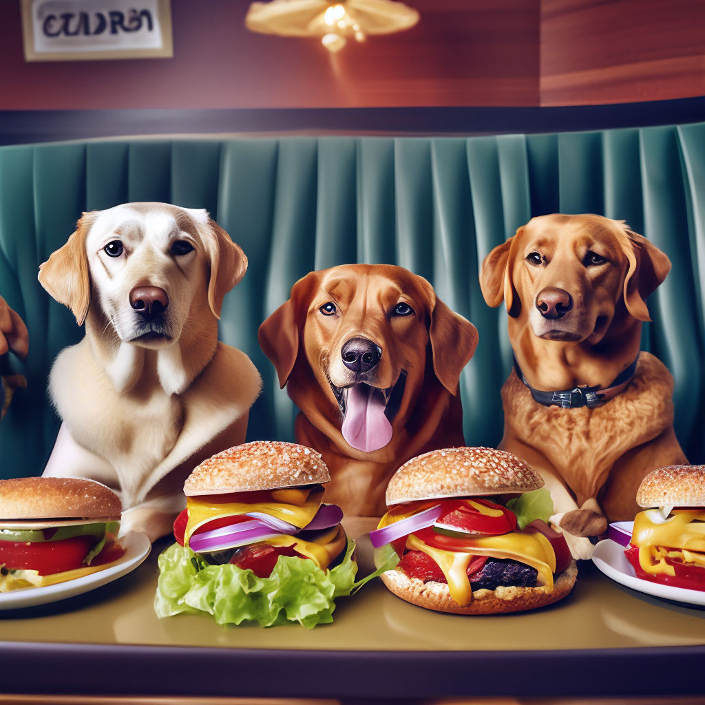 "Dogs eat burger" — image created in Shedevrum