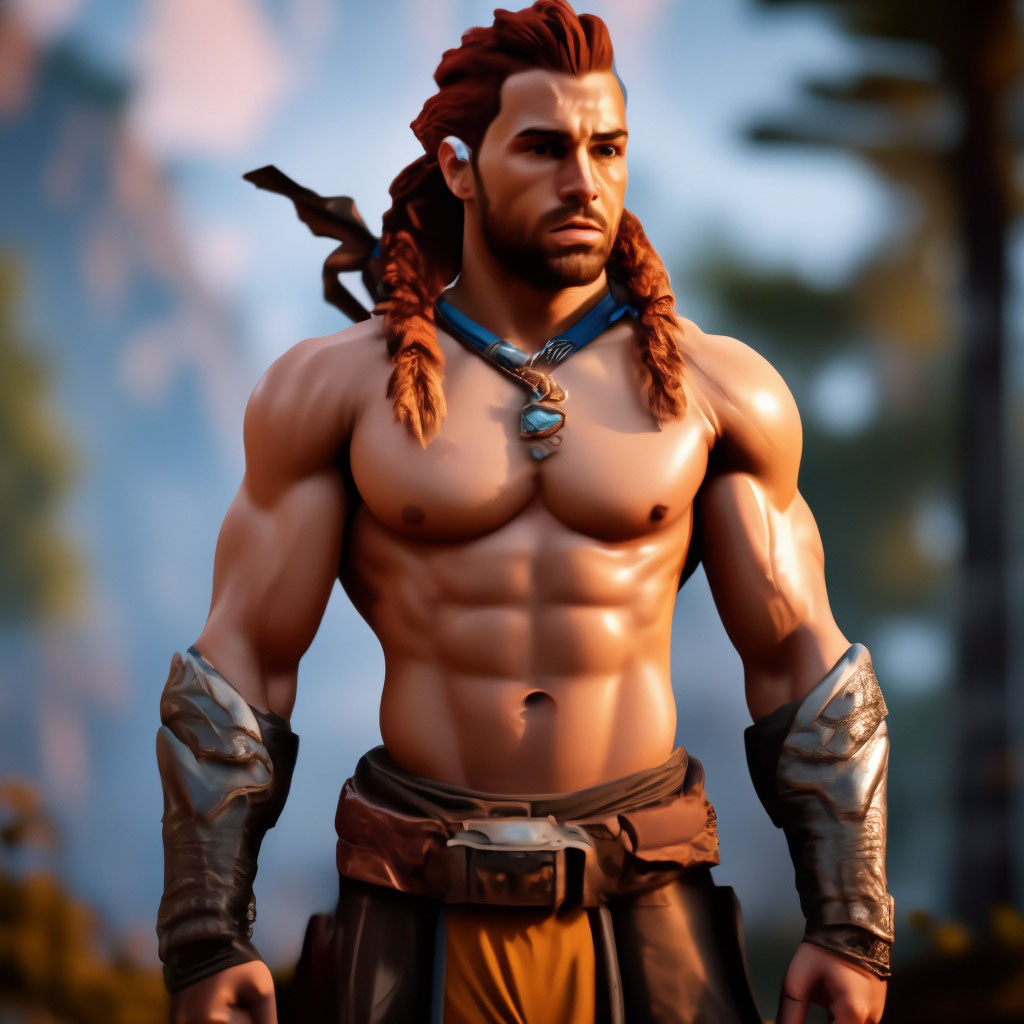 "Horizon Zero Dawn bodybuilder man in full height" — image created in ...