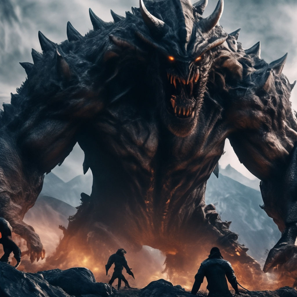 "A huge monster with the height of a mountain fights against medieval ...