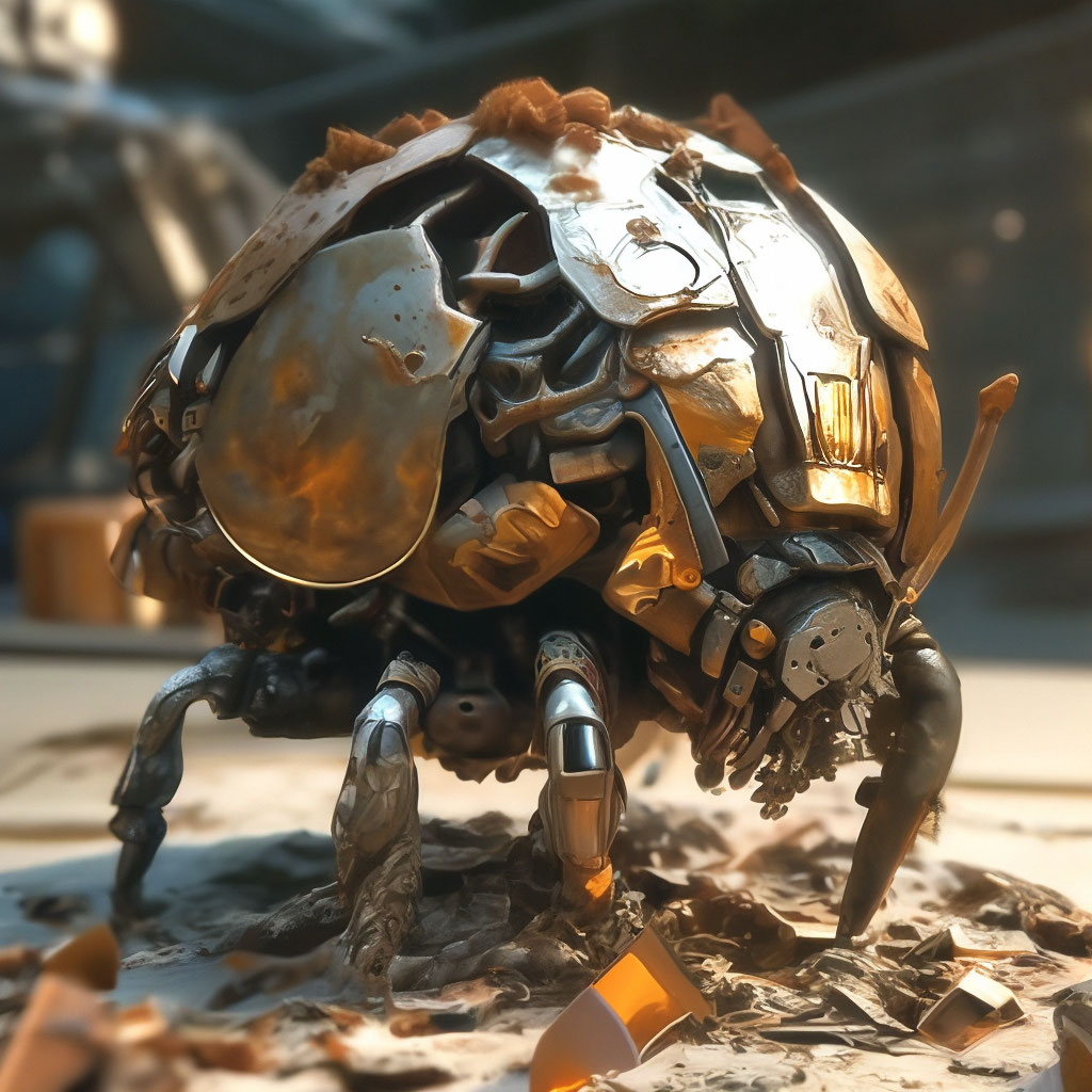 "Mechanical scarab rolls a ball of metal debris, rusty metal sheets of ...