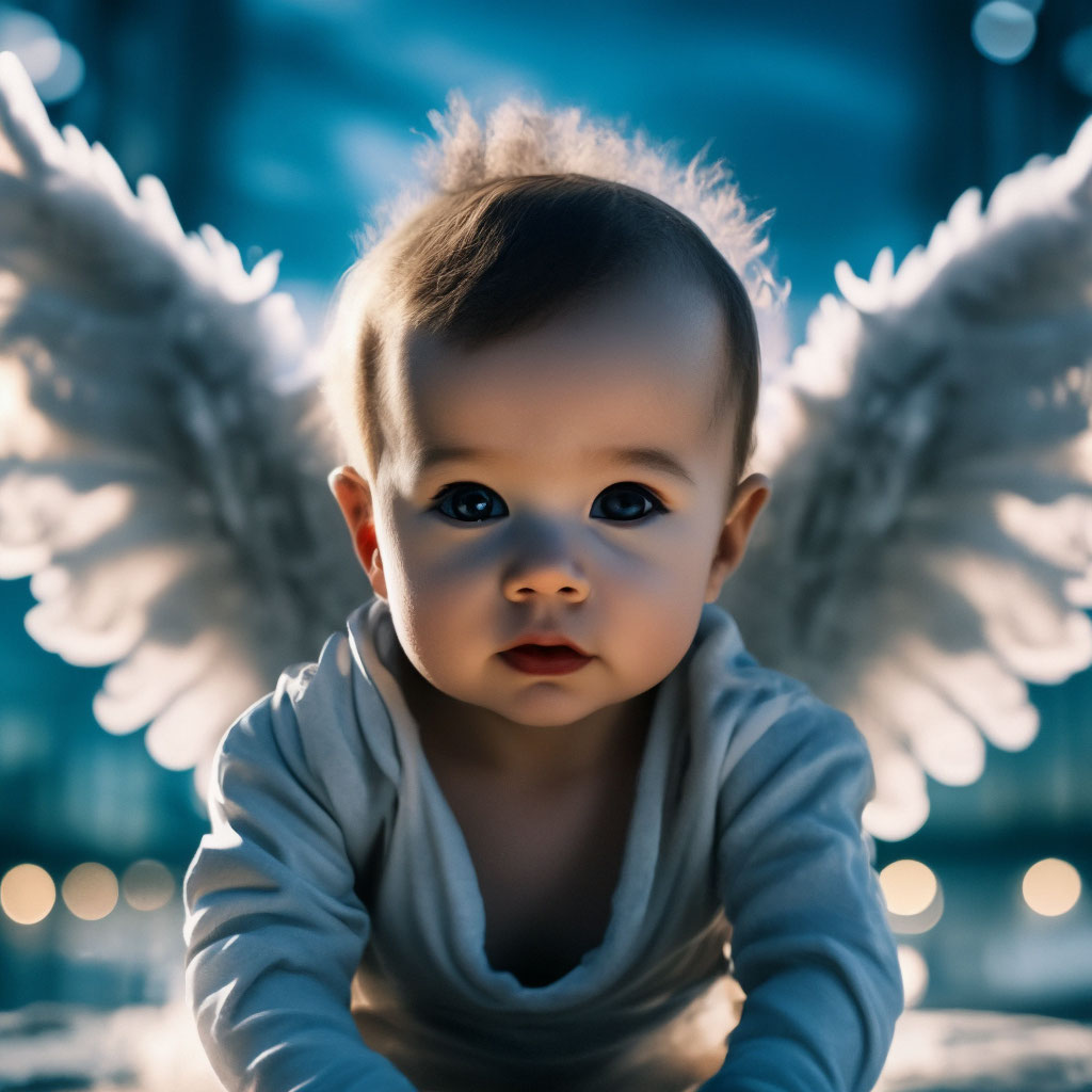 "Baby Newborn with Angel Wings Blue Sky Cloud, Fisheye lens Cinematic ...