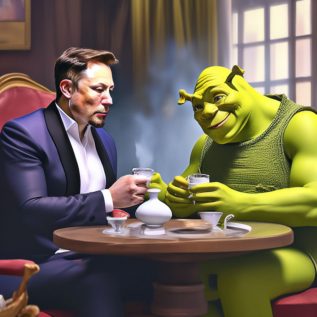 "Elon Musk is visiting Shrek drinking tea" — image created in Shedevrum