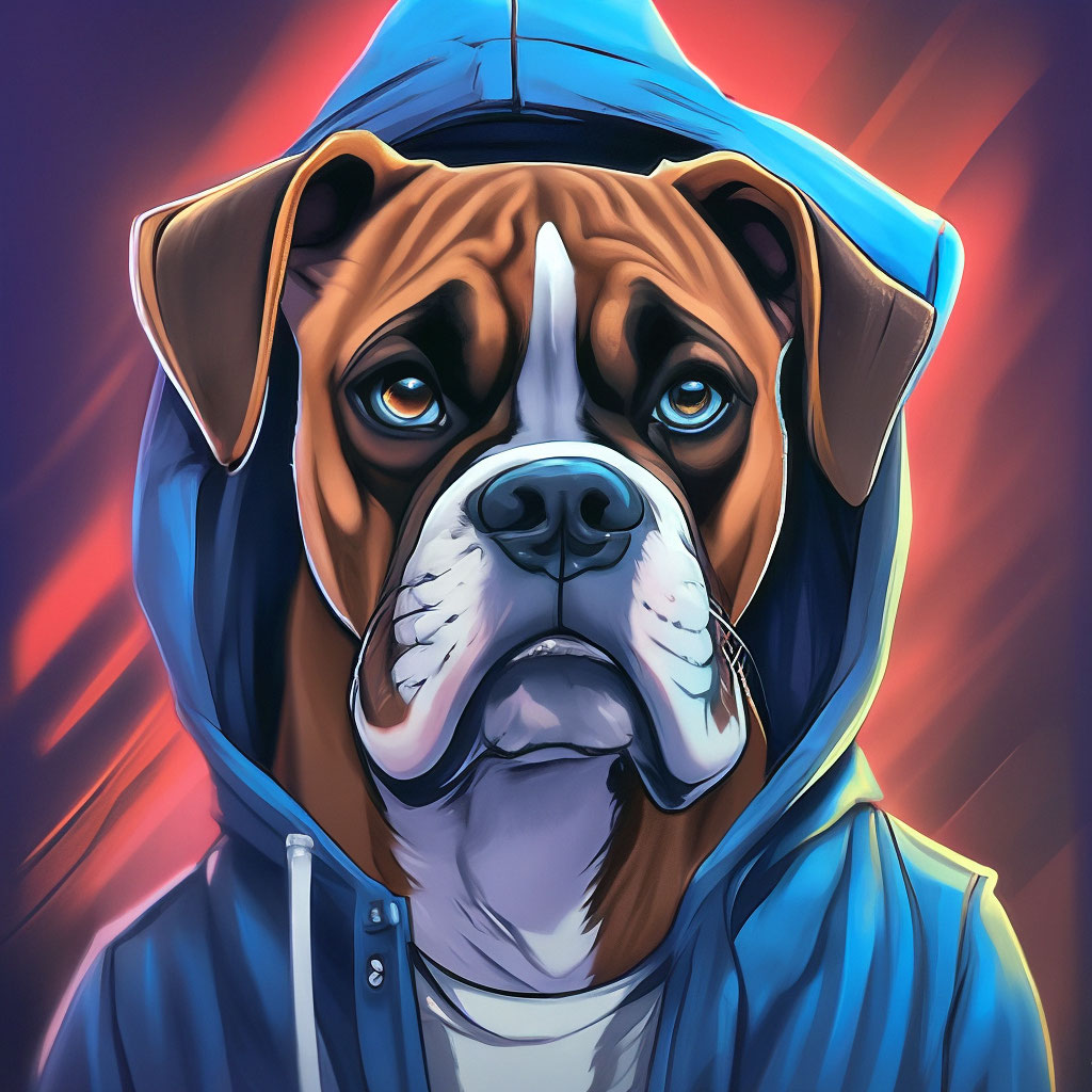 "Handsome guy,big clearly drawn eyes,haircut,hoodie,jeans,boxer dog ...