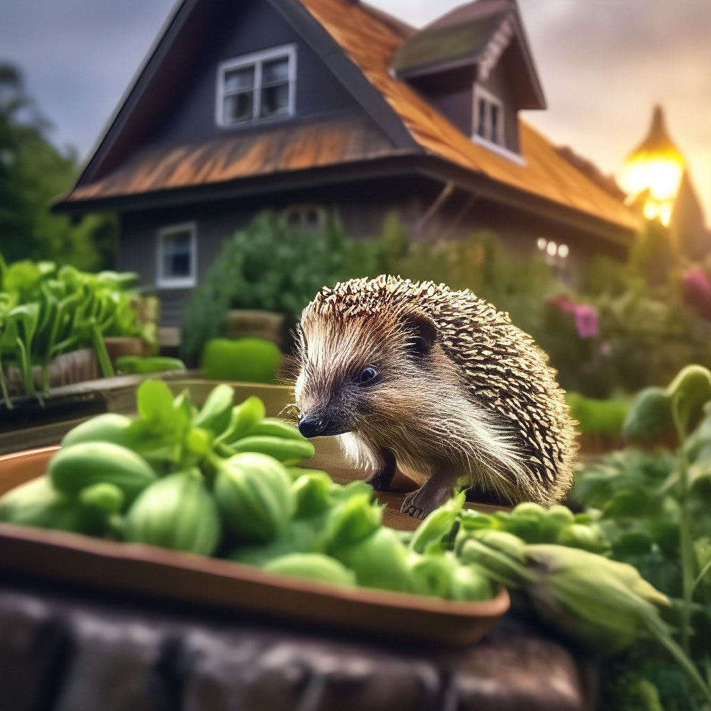 "Rustic house, vegetable garden, hedgehog steals peas in the garden ...
