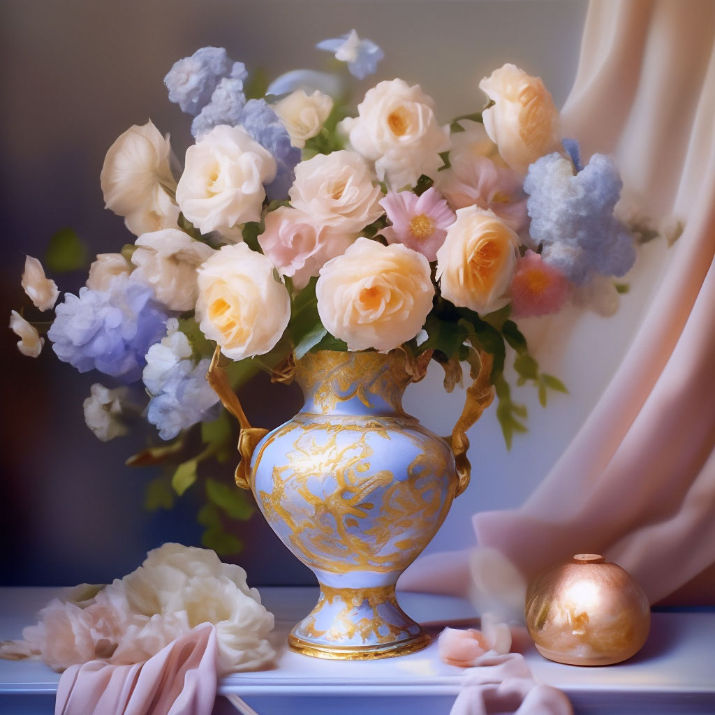 "French vase with flowers, complex, elegant shape, central medallion ...