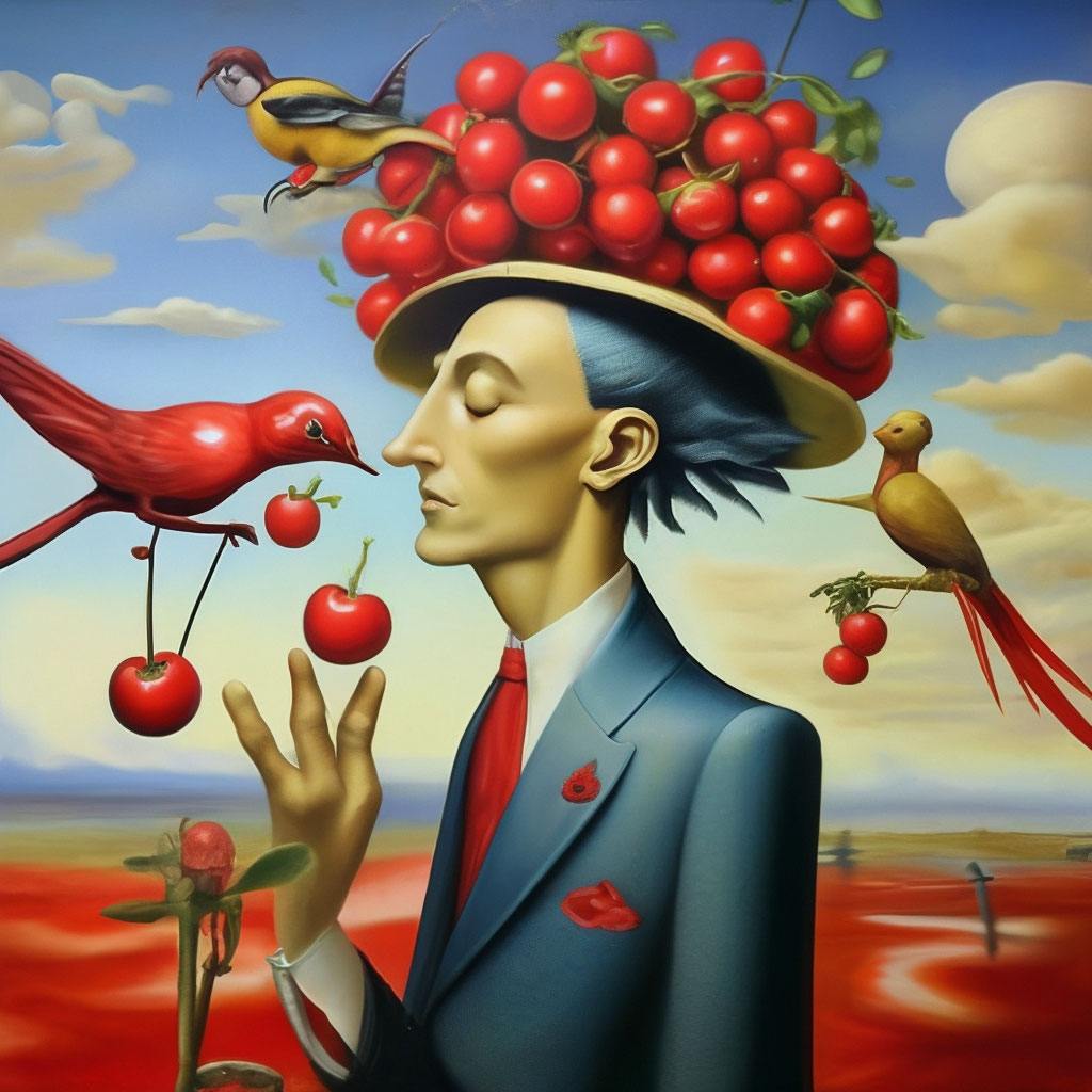 "Bird cherry man, surrealism in the style of Dali" — image created in ...