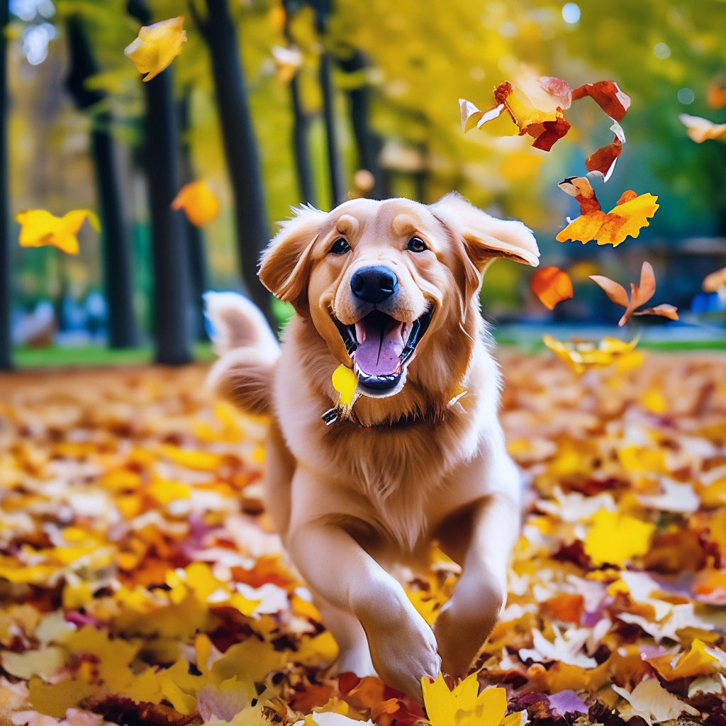 "The dog frolics in the park with autumn leaves, leaf fall" — image ...