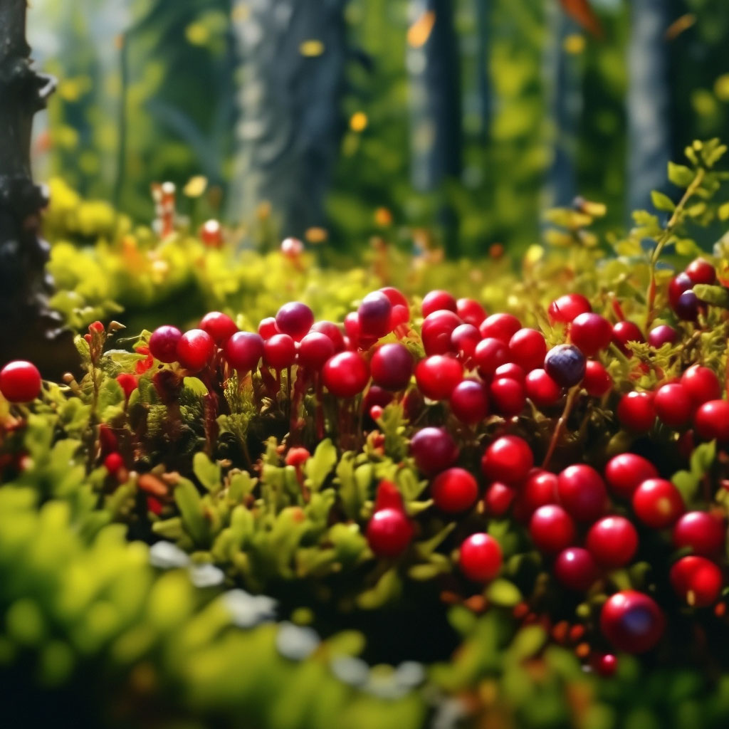 "Forest, edge,moss grows a lot of cranberries sunny morning ...