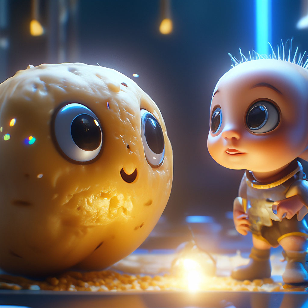 "Cute potato and human symbiosis, light, cute, kind, hyperrealism ...