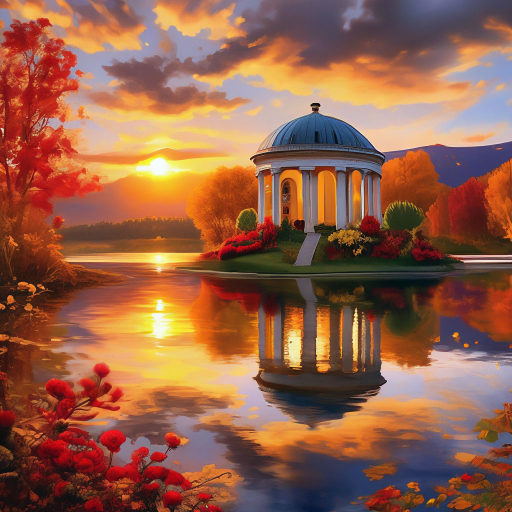 "Beautiful sunset in our sublunary world, sun, reflection, lake surface ...