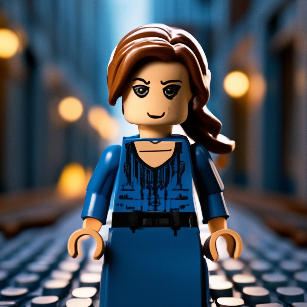 "A girl with a brown ponytail, in a blue dress, in the style of lego ...