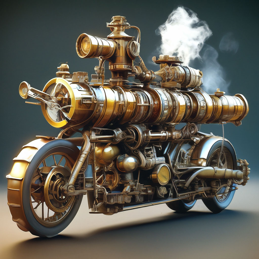 "Motorcycle with steam engine and two pipes, steampunk, lots of details ...