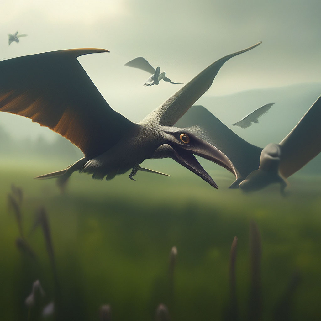 "Pterodactyls fly over the meadow" — image created in Shedevrum