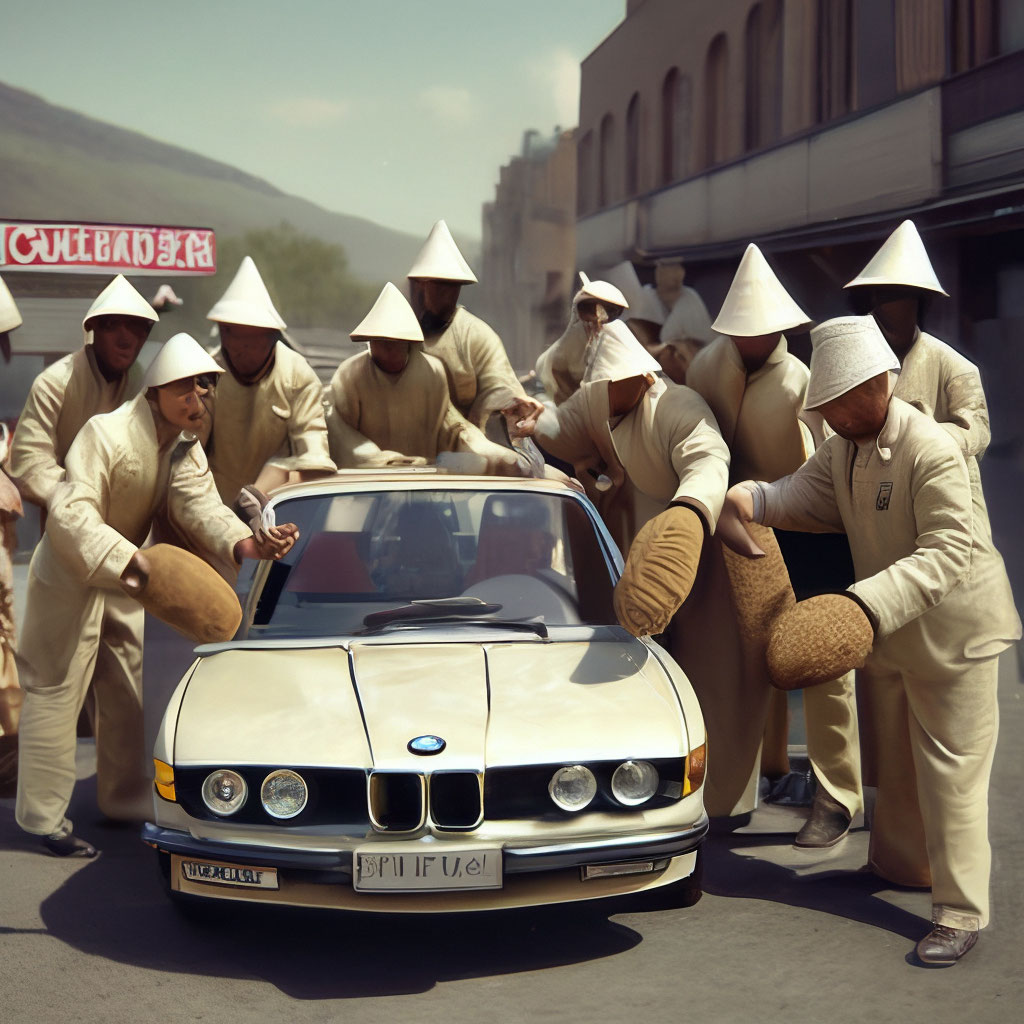 "The bandits at the BMW are holding small newspaper cones with seeds in ...
