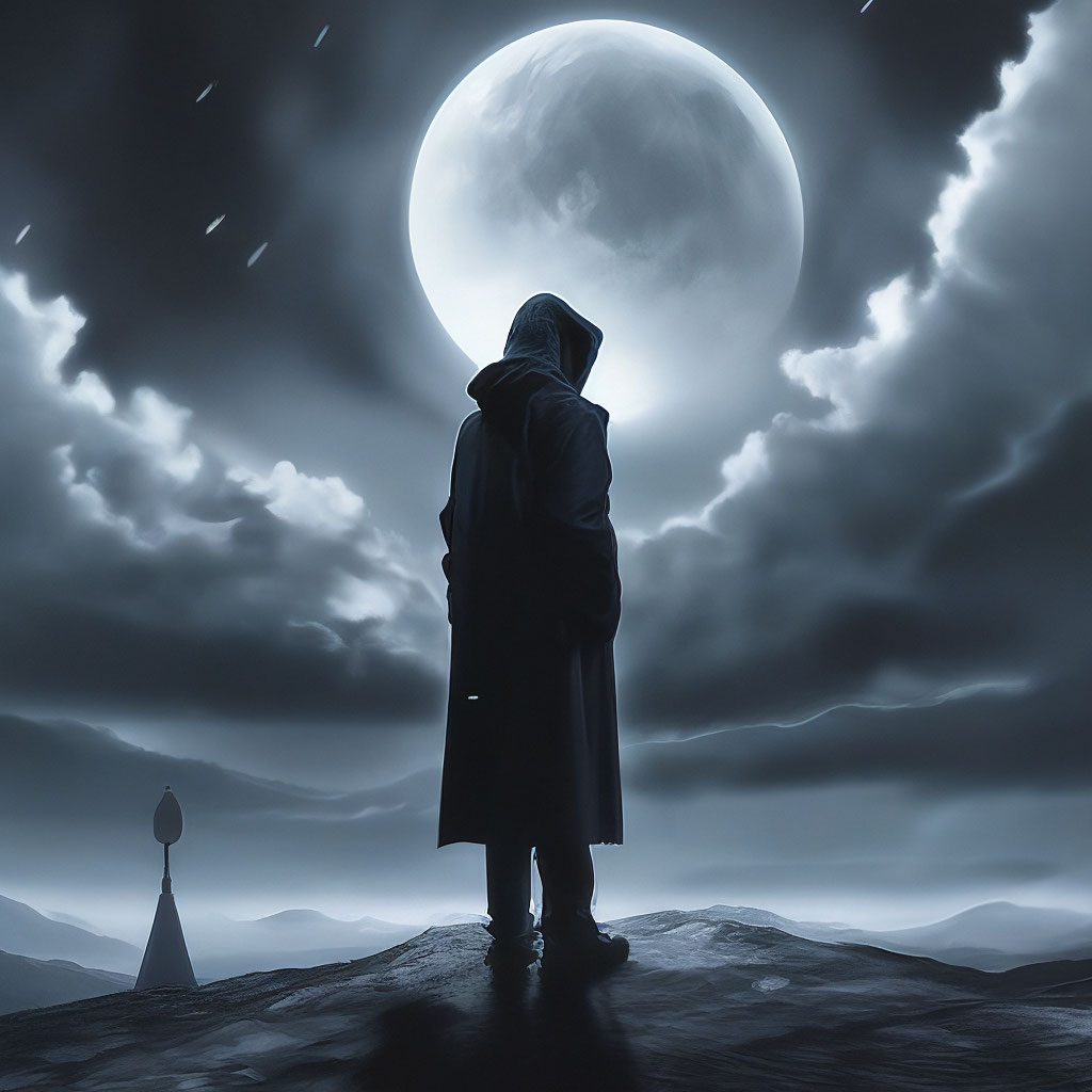 "Black moon sky gloom man in a raincoat" — image created in Shedevrum