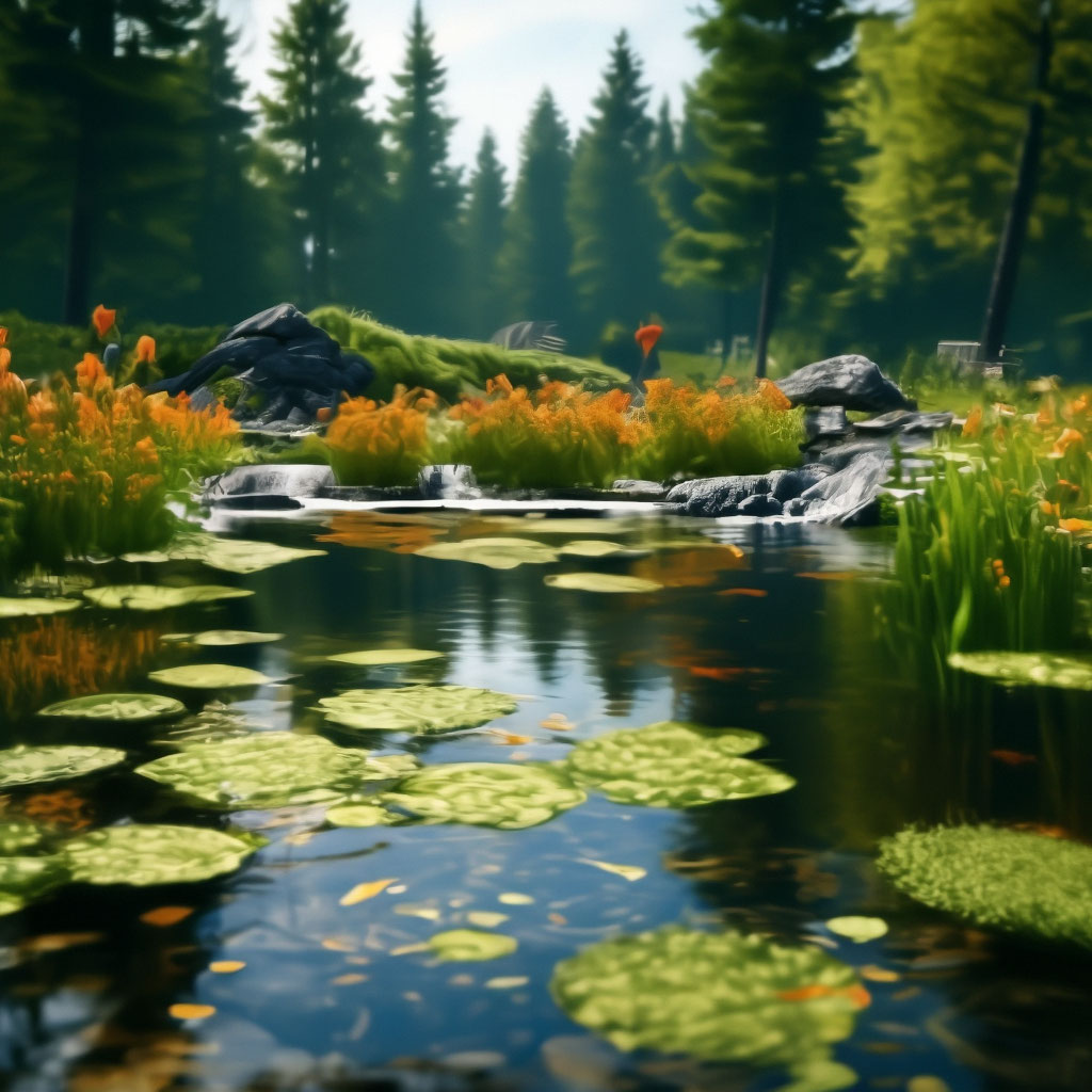 "A small atmospheric pond. aesthetically pleasing, realistic, beautiful ...