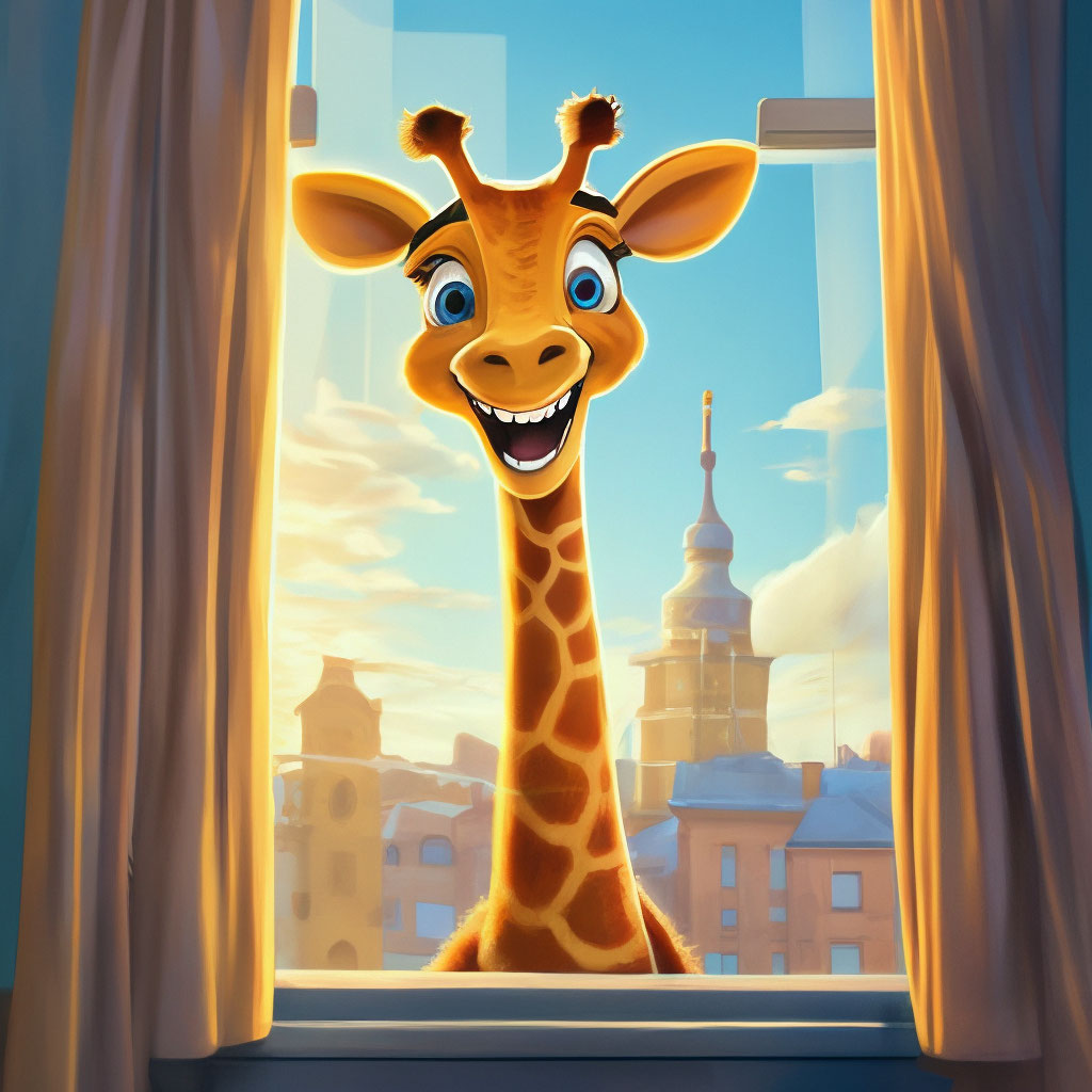 "Good morning! A cartoon giraffe looks in the window and smiles ...