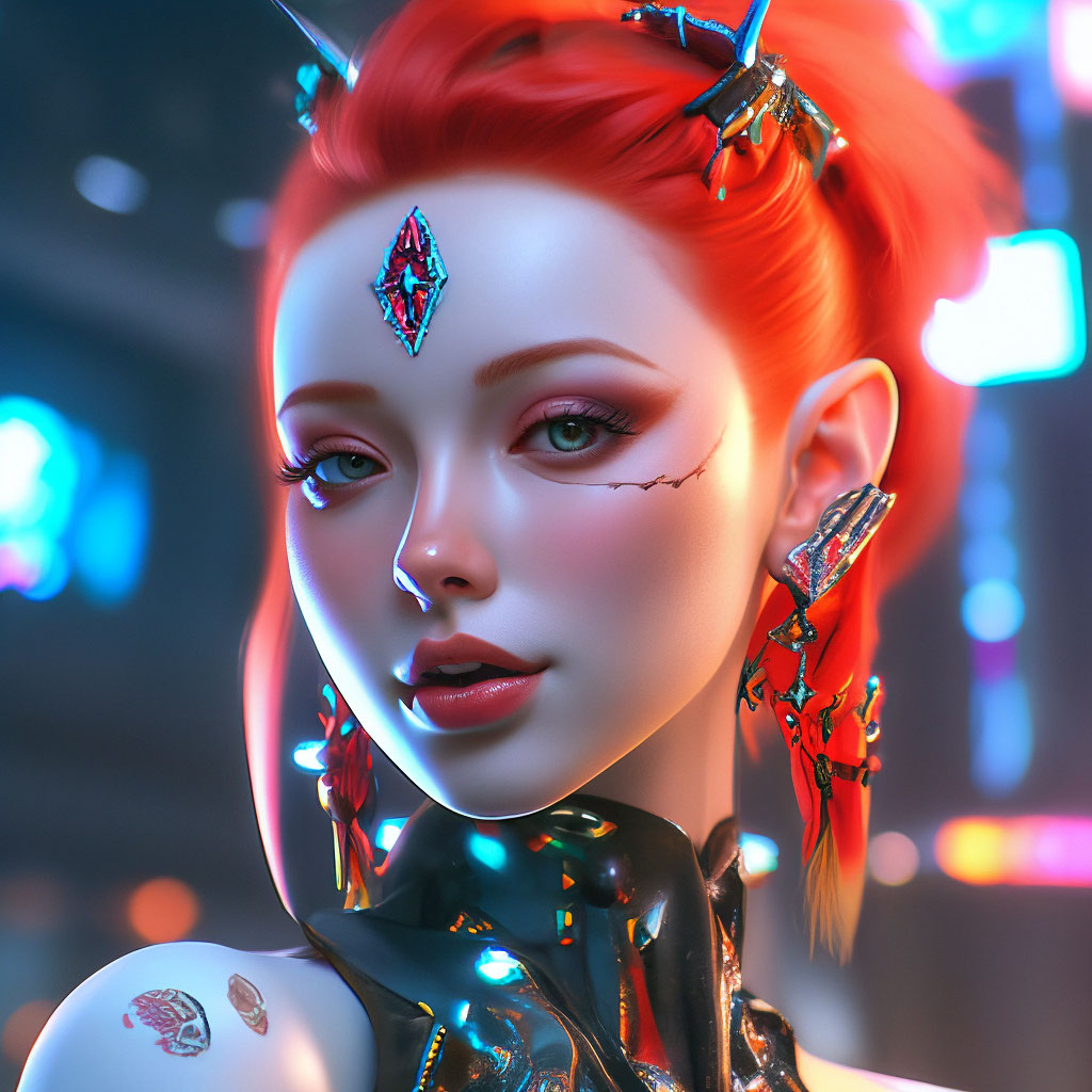 "Cyberpunk style, elf with red hair, blush, freckles, shows tongue ...