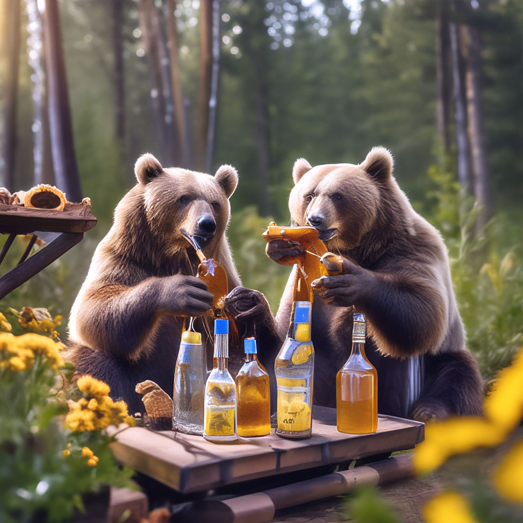 "Two drunken bears with a bottle of vodka in their paws are sitting in ...