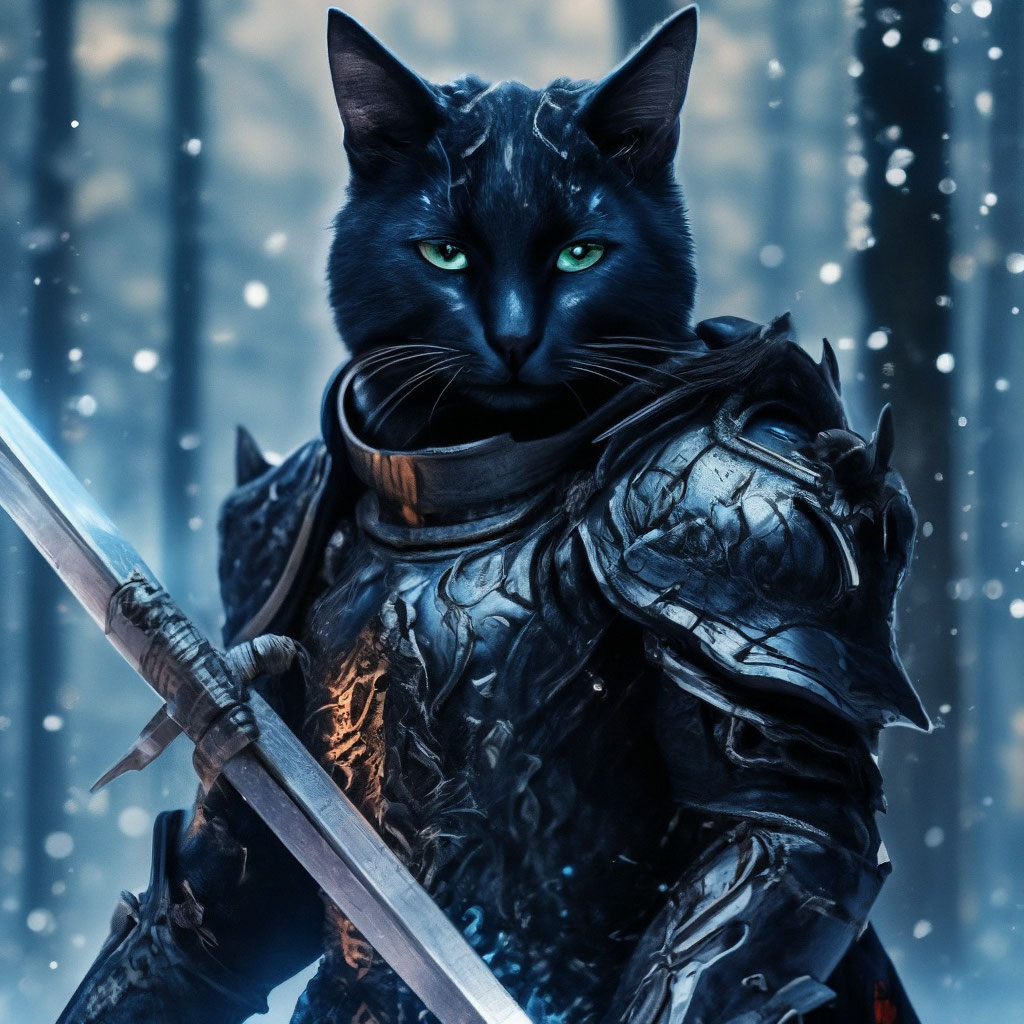 "Night mystical forest, black militant cat bayun with eyes sparkling ...