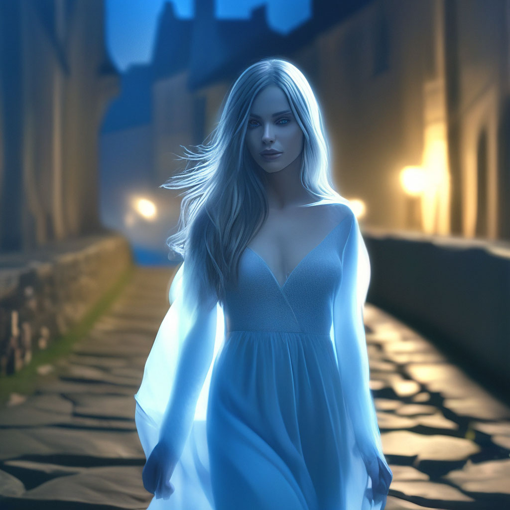 "Beautiful ghost girl, blue, translucent, walking through the night old ...