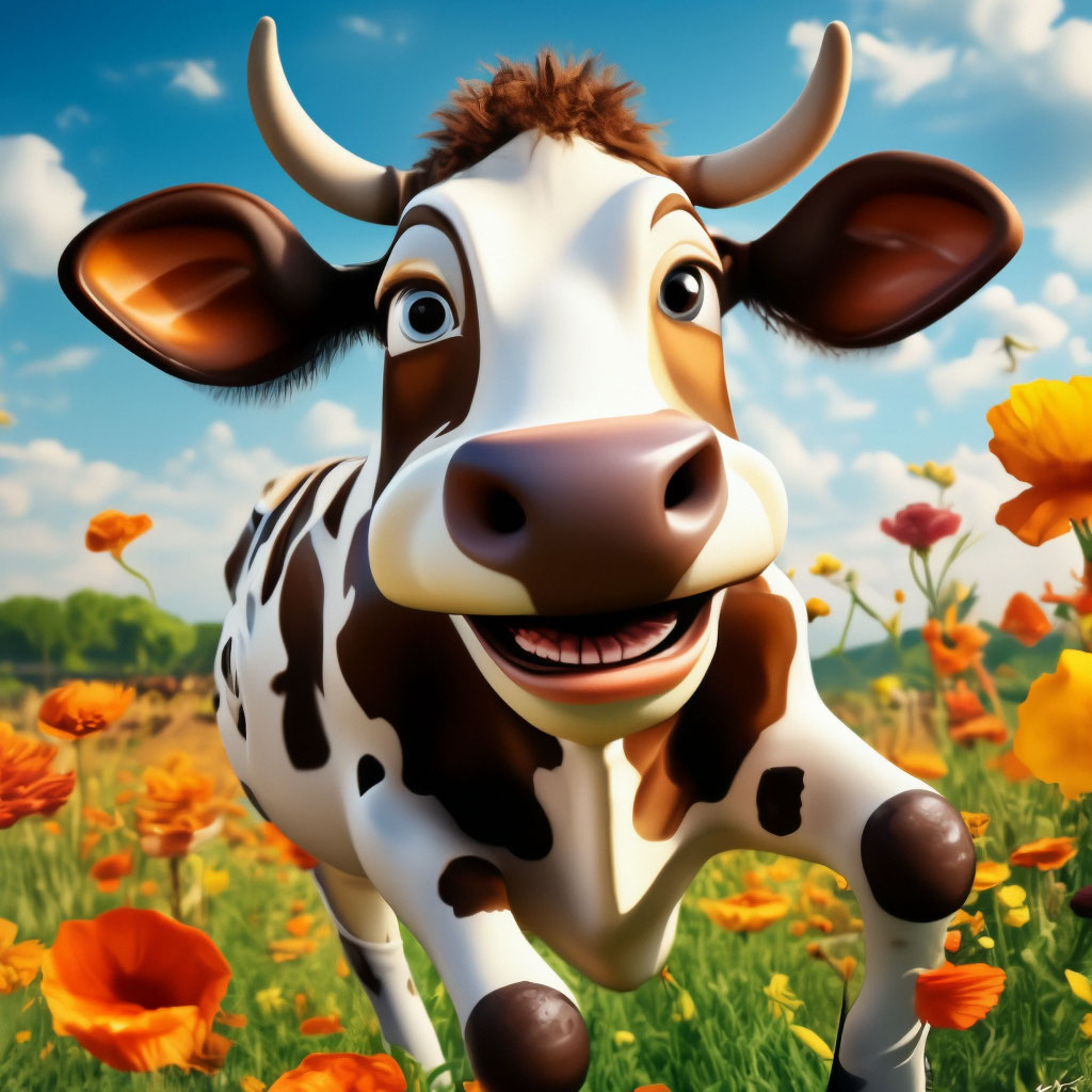 "Dancing funny cow, comic book details multicolored eyes, bright ...