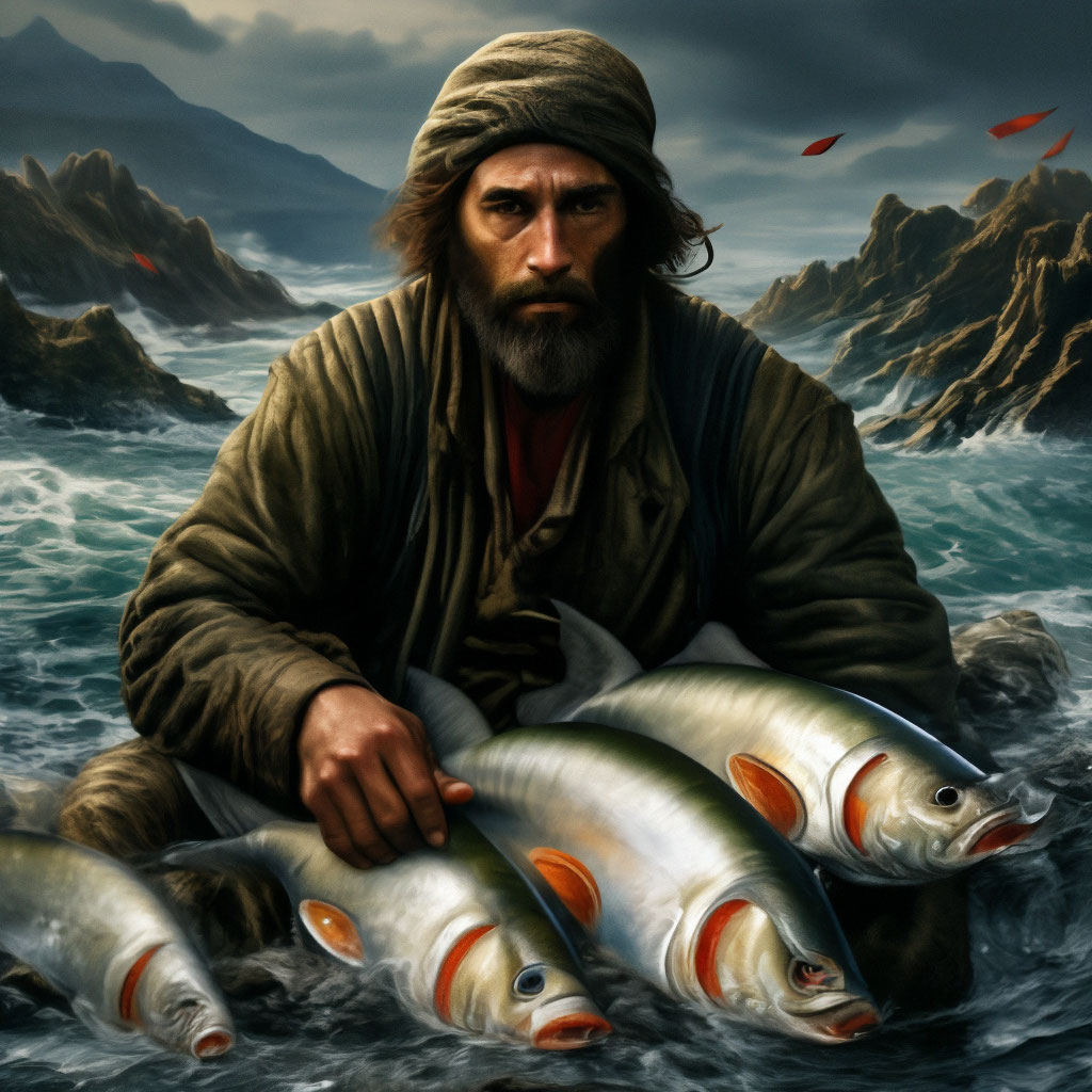"The fisherman and the mountain of fish" — image created in Shedevrum