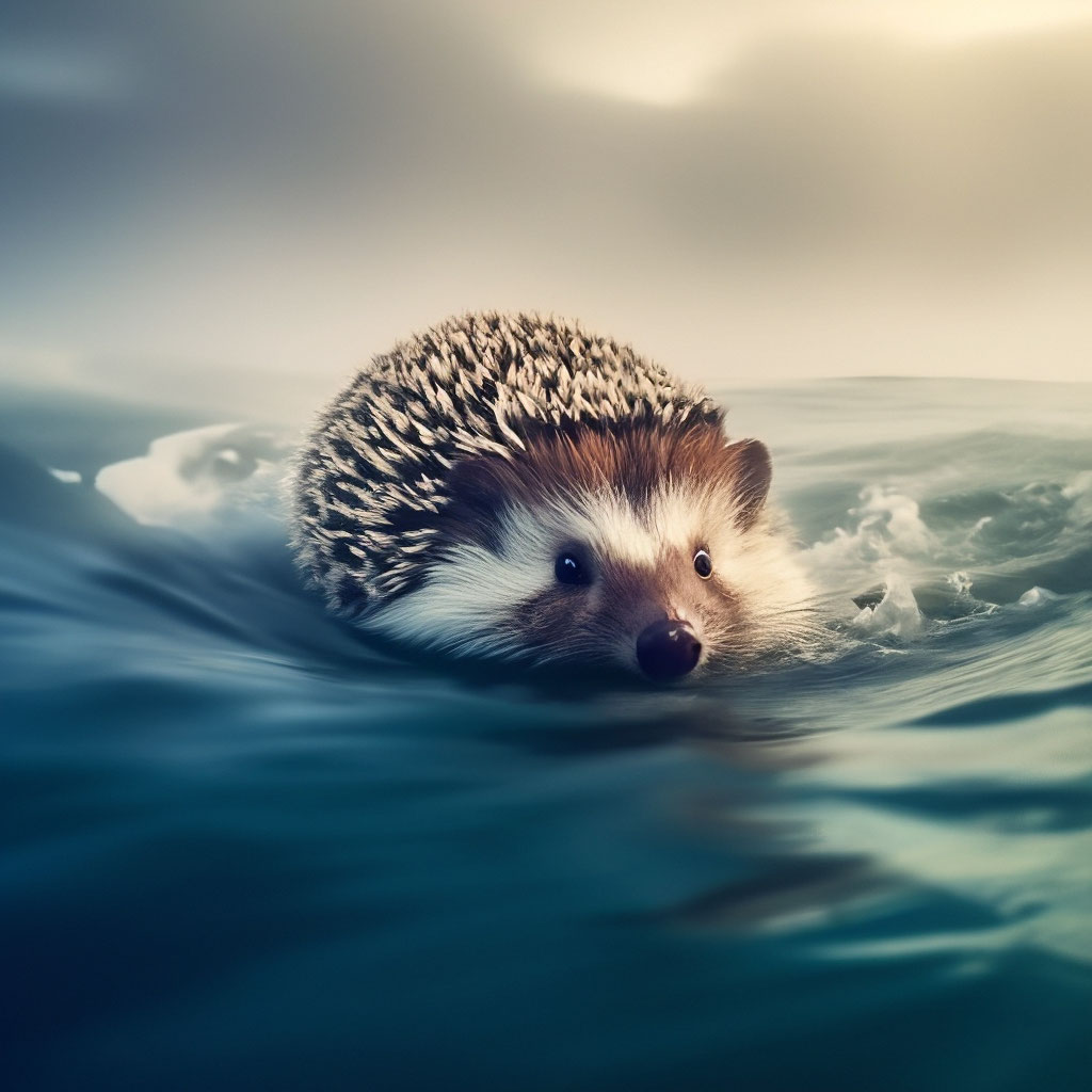 "Hedgehog shark, hedgehog in a soft shark suit swimming in the sea ...